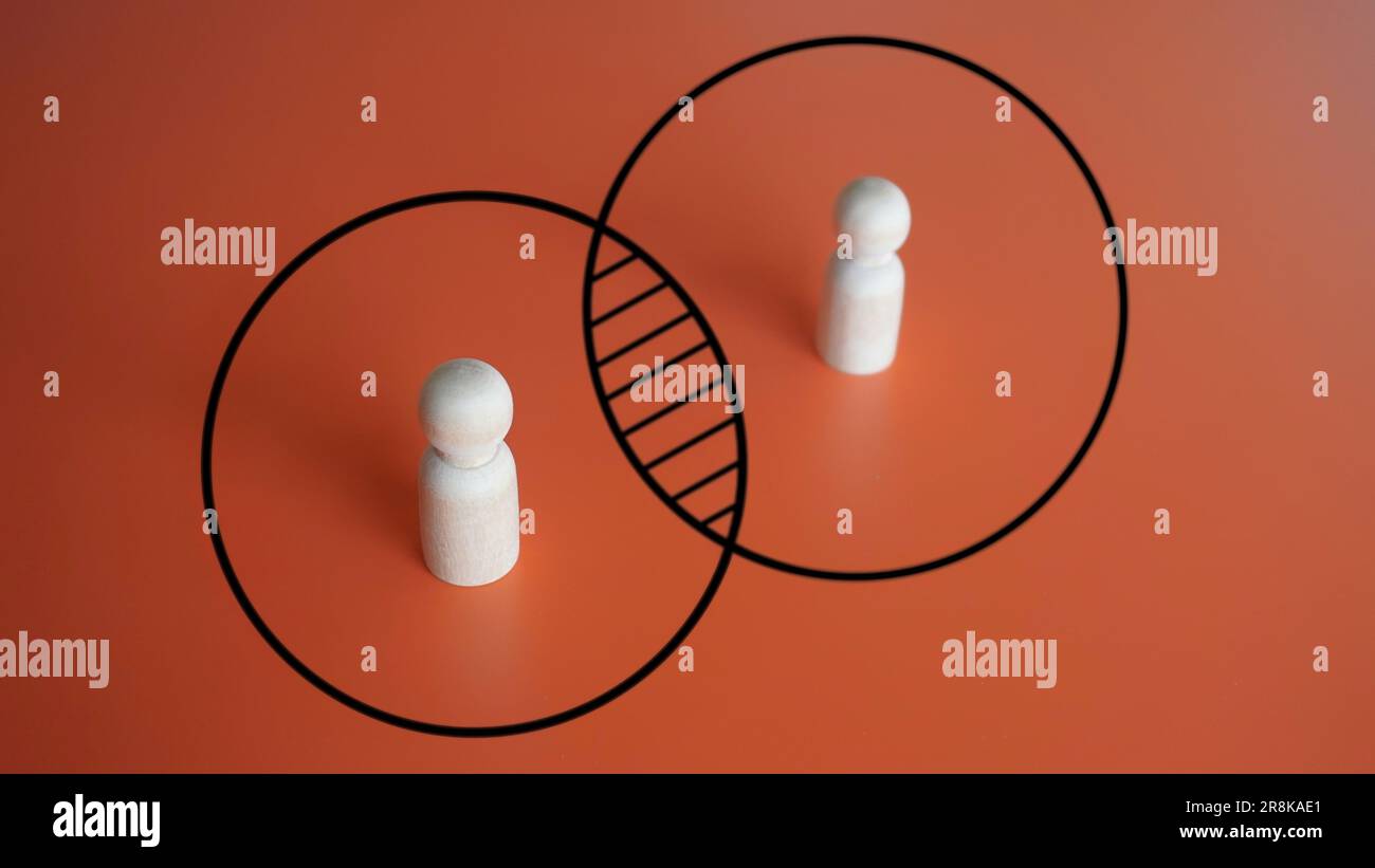 Selective focus image of wooden dolls in different circle overlaps with ...