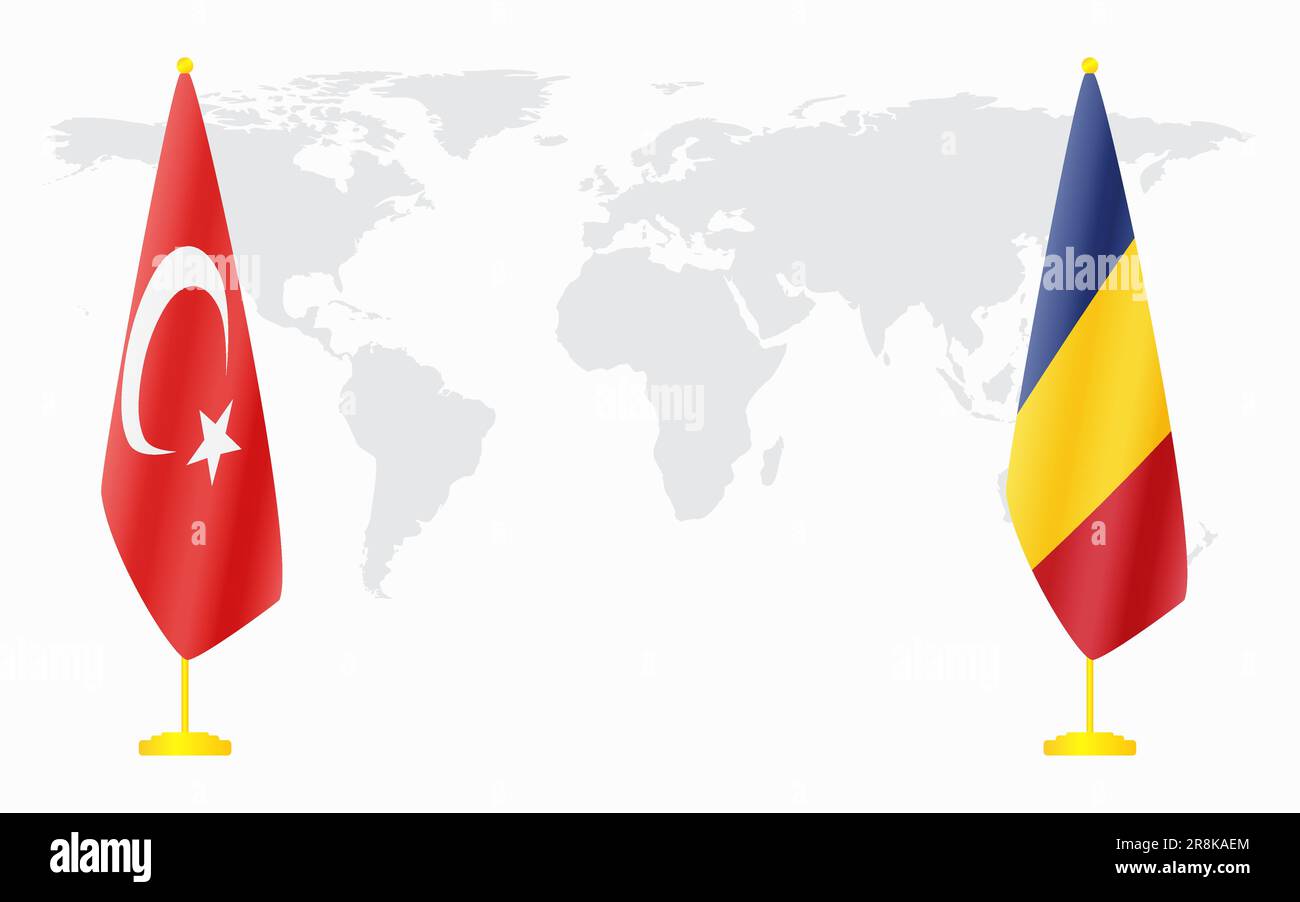 Turkey and Romania flags for official meeting against background of ...