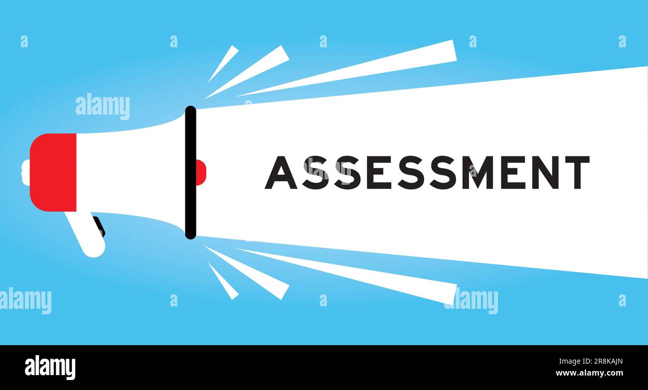 Color megaphone icon with word assessment in white banner on blue ...