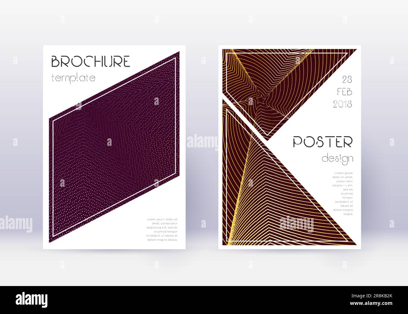 Triangle cover design template set. Gold abstract lines on maroon ...