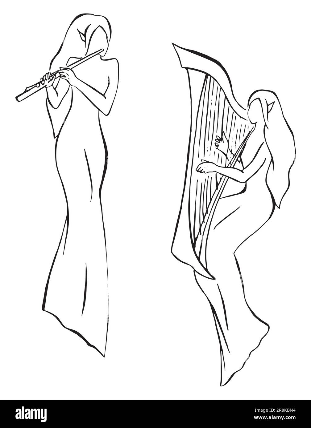 Elves minstrels with harp and flute line art vector Stock Vector Image ...