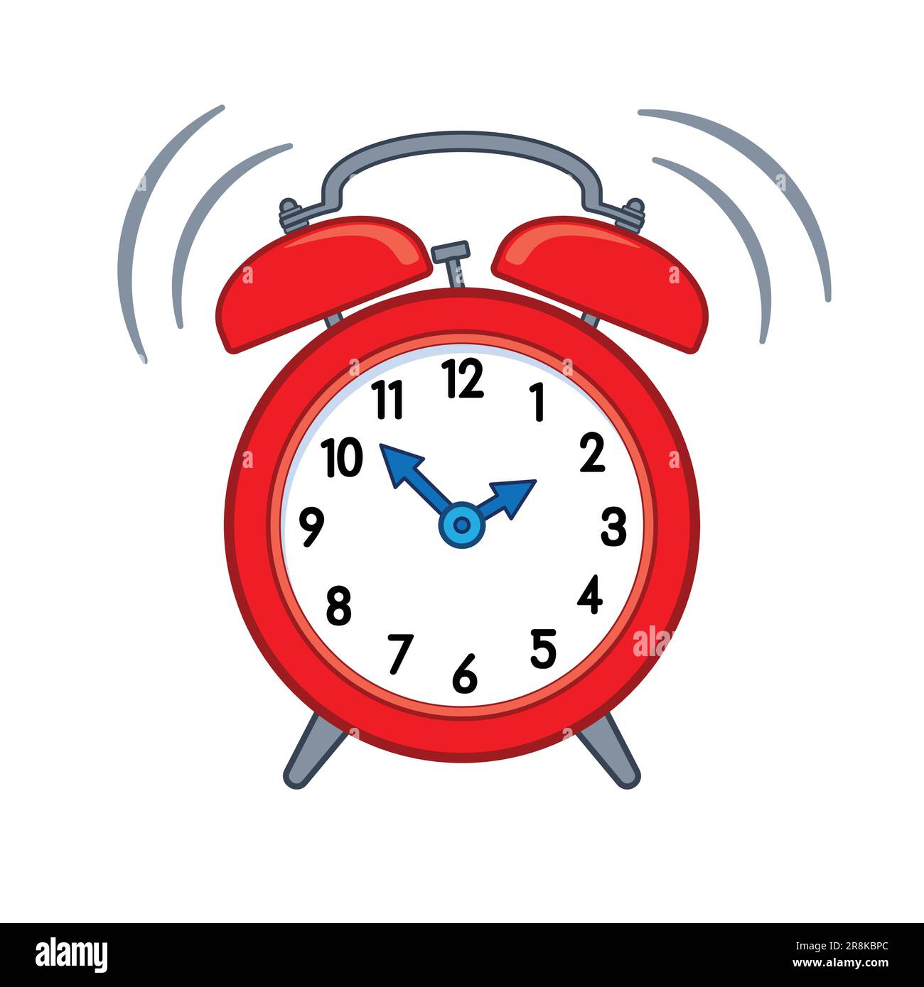 simple colorful cartoon red analog alam clock with white face and 2 ...