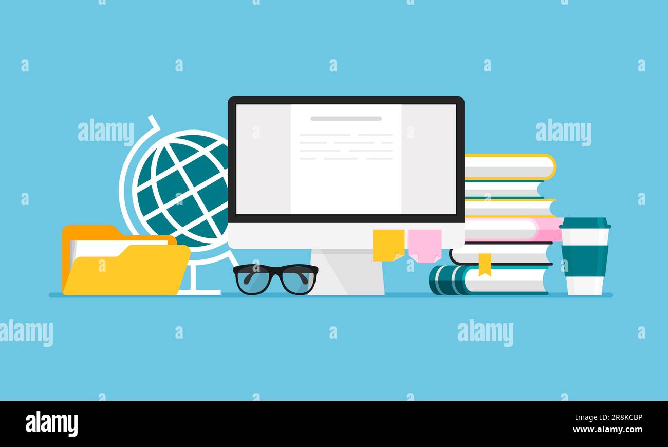 Vector workspace for student or school. Computer, books, globe ...