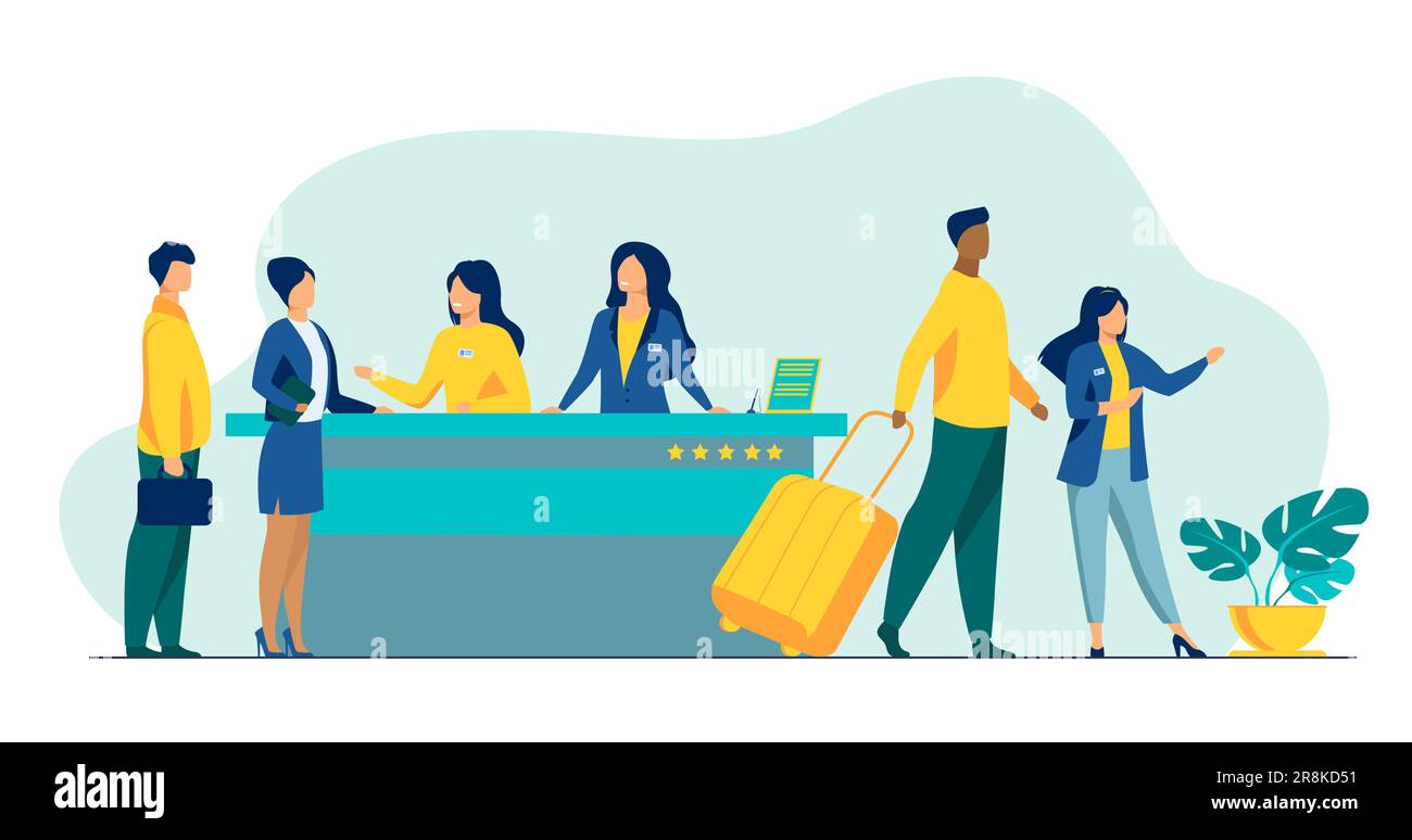 Friendly receptionists from hotel registration desk help clients Stock ...