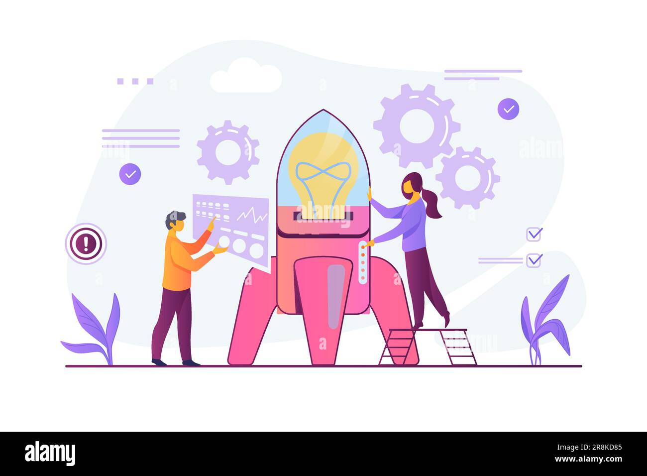 Man setting rocket, woman pushing button on spaceship Stock Vector ...