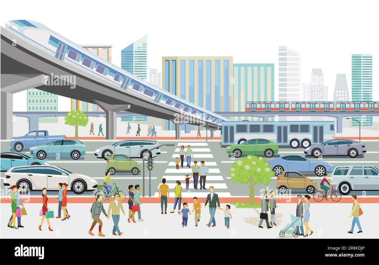 People on the crosswalk and road and rail traffic, illustration Stock ...