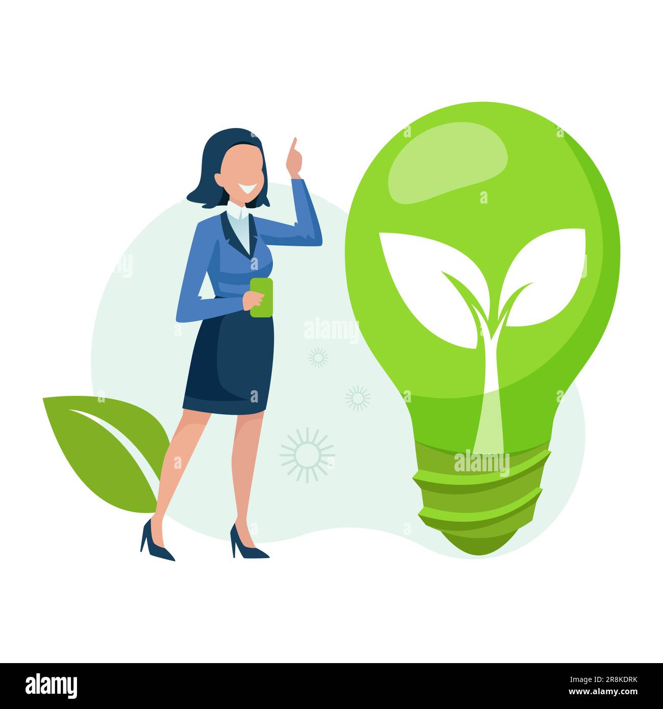 Vector Of A Business Woman Standing Next To A Green Light Bulb Stock