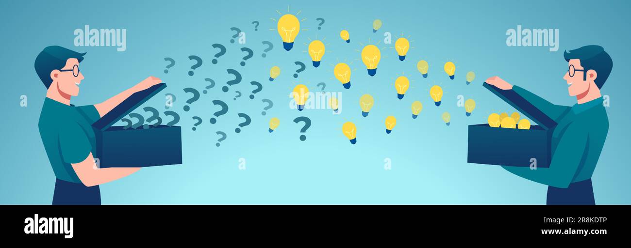 Vector of two young men communicating and helping each other to solve problems with new ideas ...