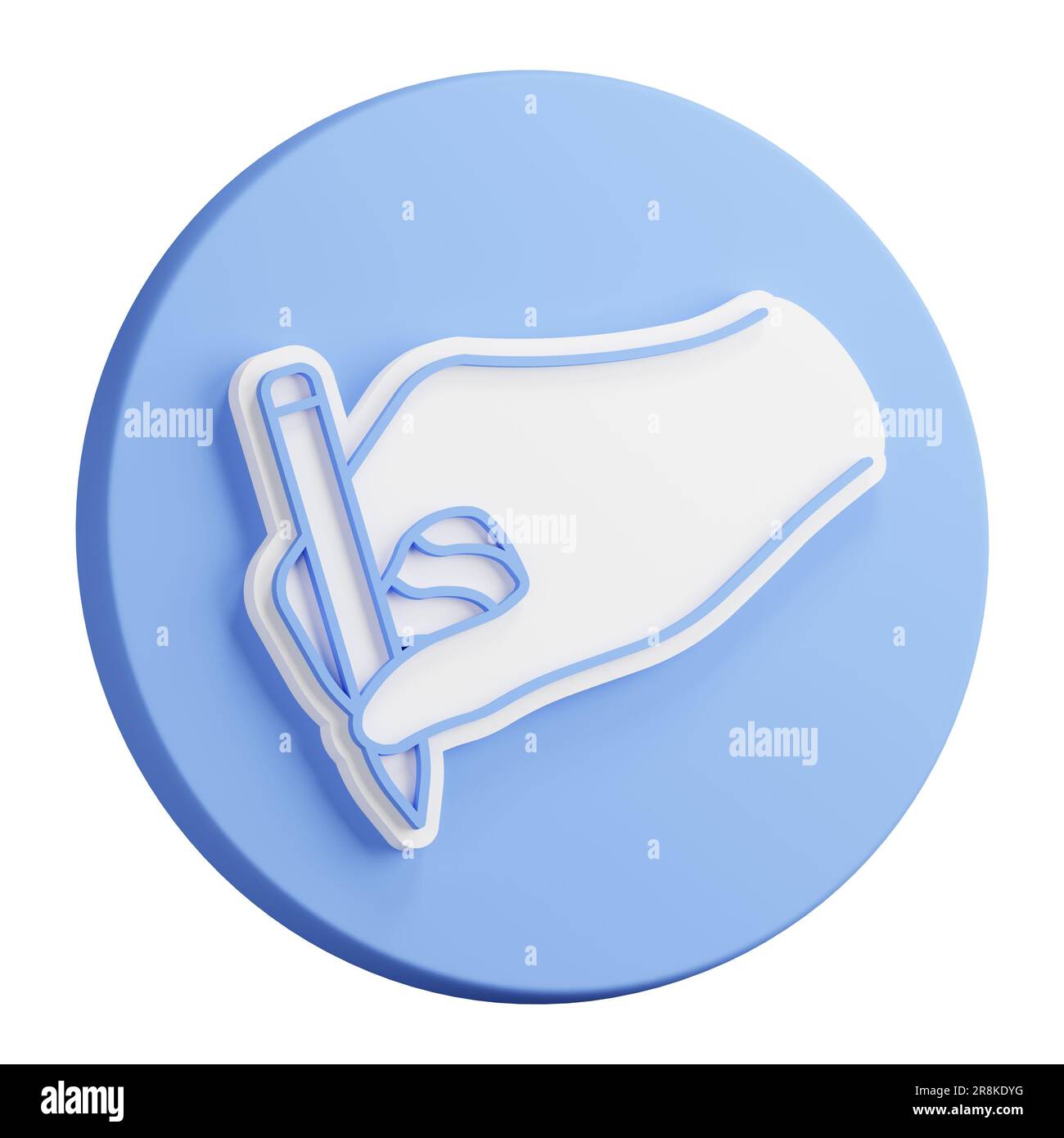 3D button rendering of Ballpoint pen in hand of author. Signature on ...