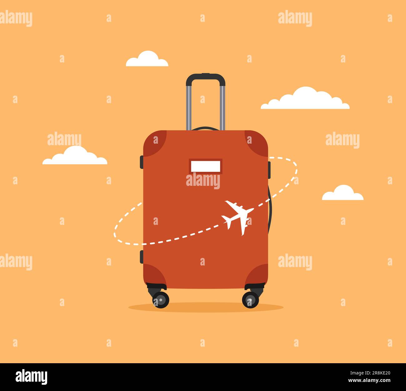 Luggage with airplane flying around and clouds on orange background ...