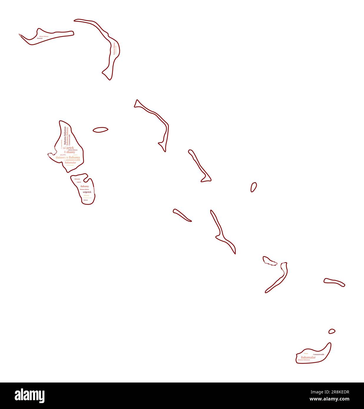 Bahamas shape filled with country name in many languages. Bahamas map ...