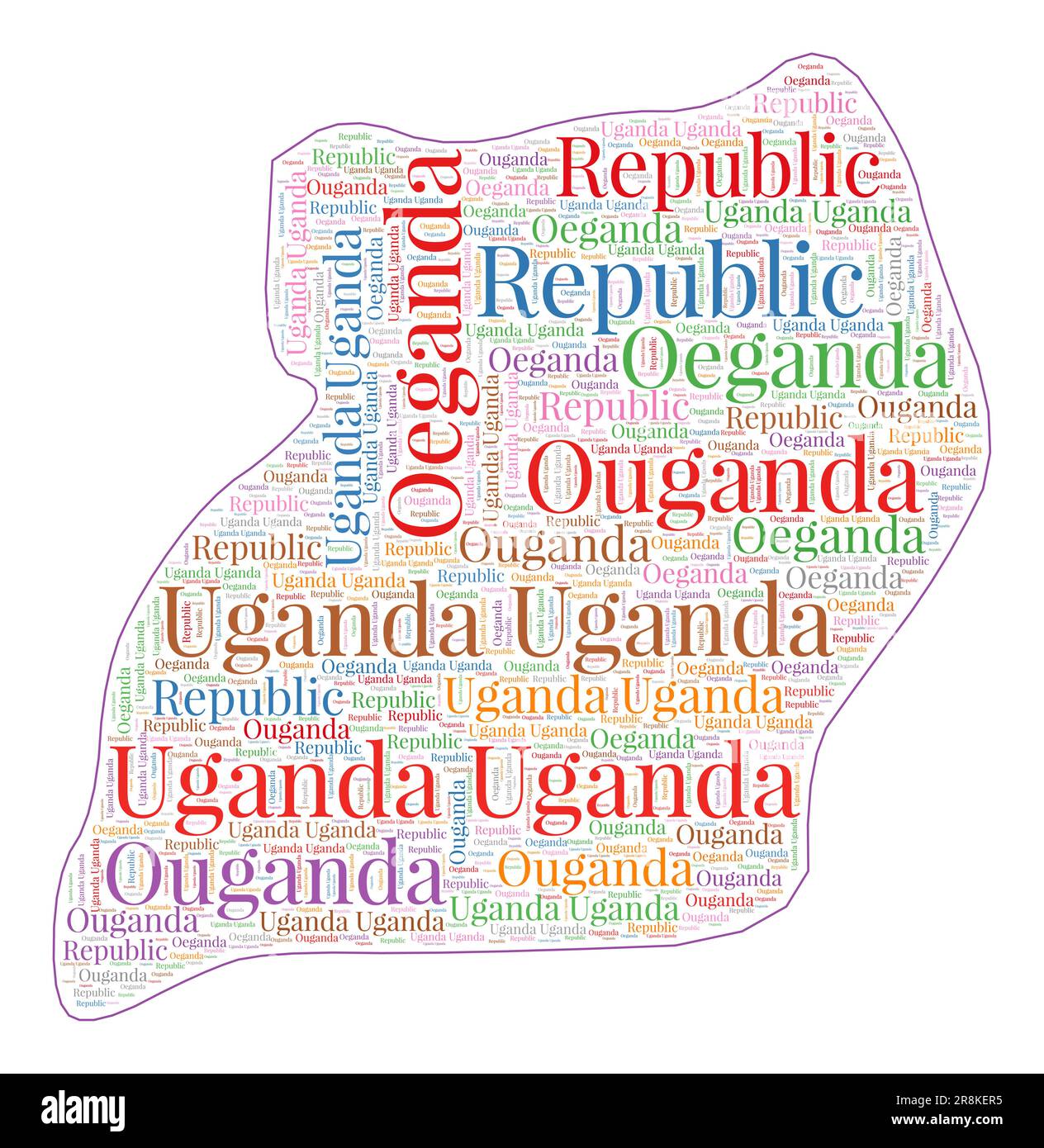Uganda shape filled with country name in many languages. Uganda map in ...