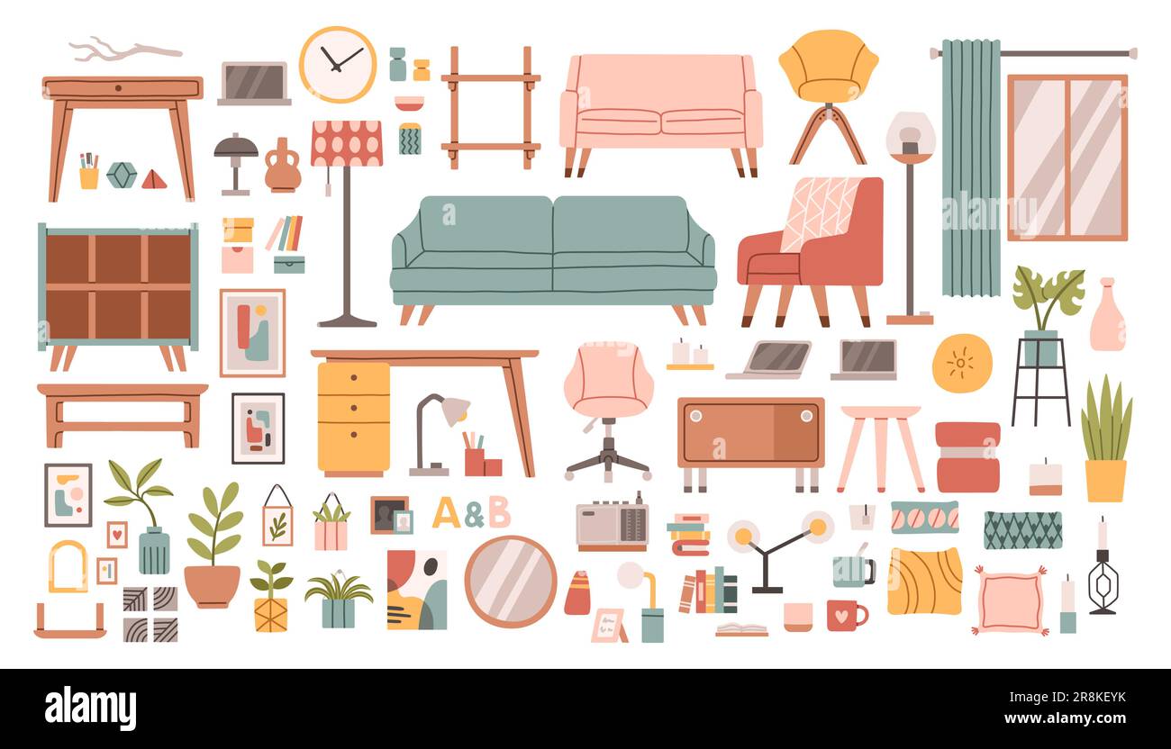 Living room interior flat style home elements set isolated on white. Vector sofa, armchair ...