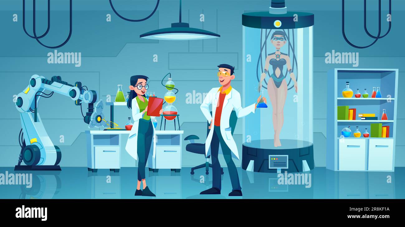 Vector of a science laboratory and assistant and an excited man ...