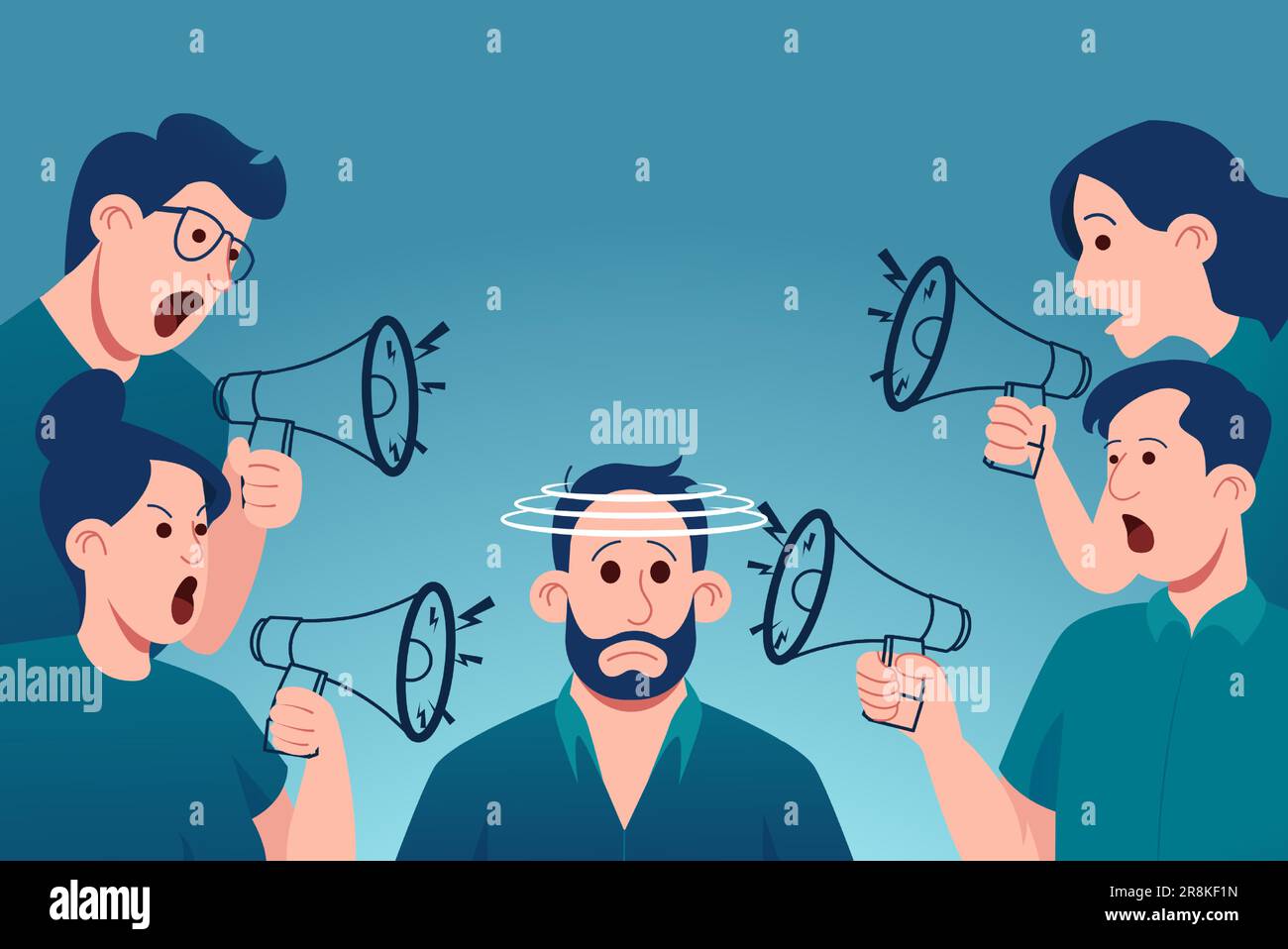 Vector of a group of people screaming in megaphones at a scared guy Stock Vector Image & Art - Alamy