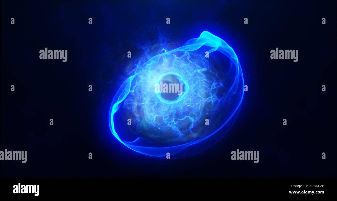 Blue energy sphere with glowing bright particles, atom with electrons ...