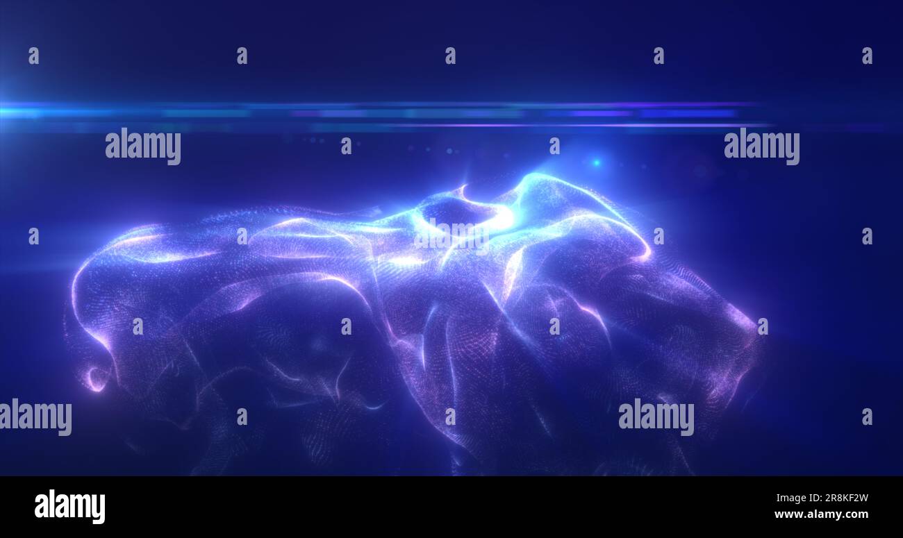 Abstract floating liquid from energetic blue particles glowing magical ...