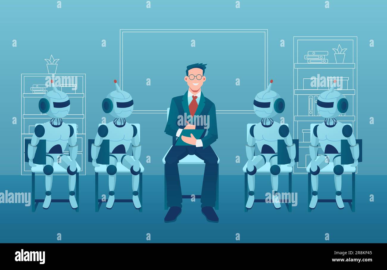 Human vs robots concept. Vector of a business man job applicant competing with artificial ...