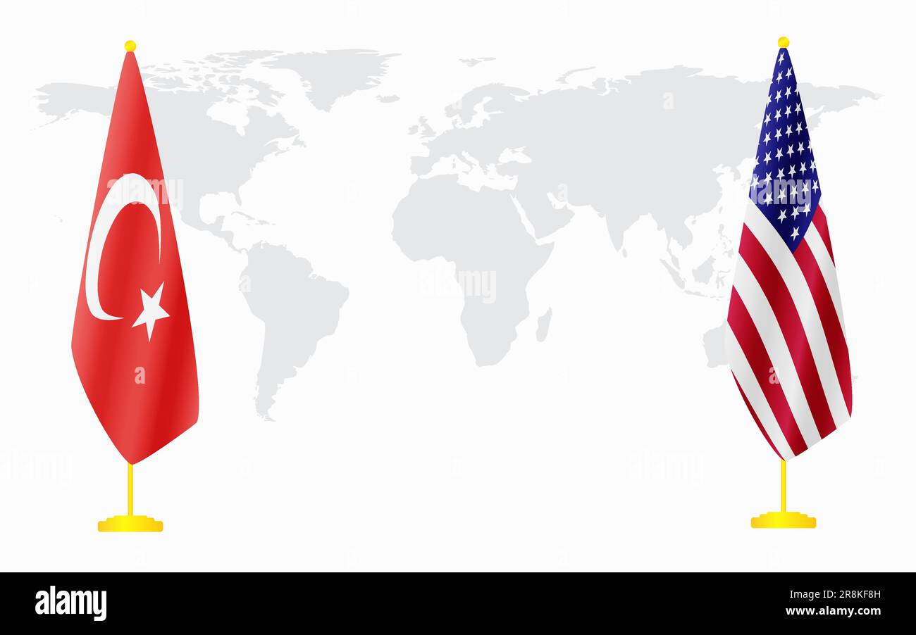 Turkey and USA flags for official meeting against background of world ...