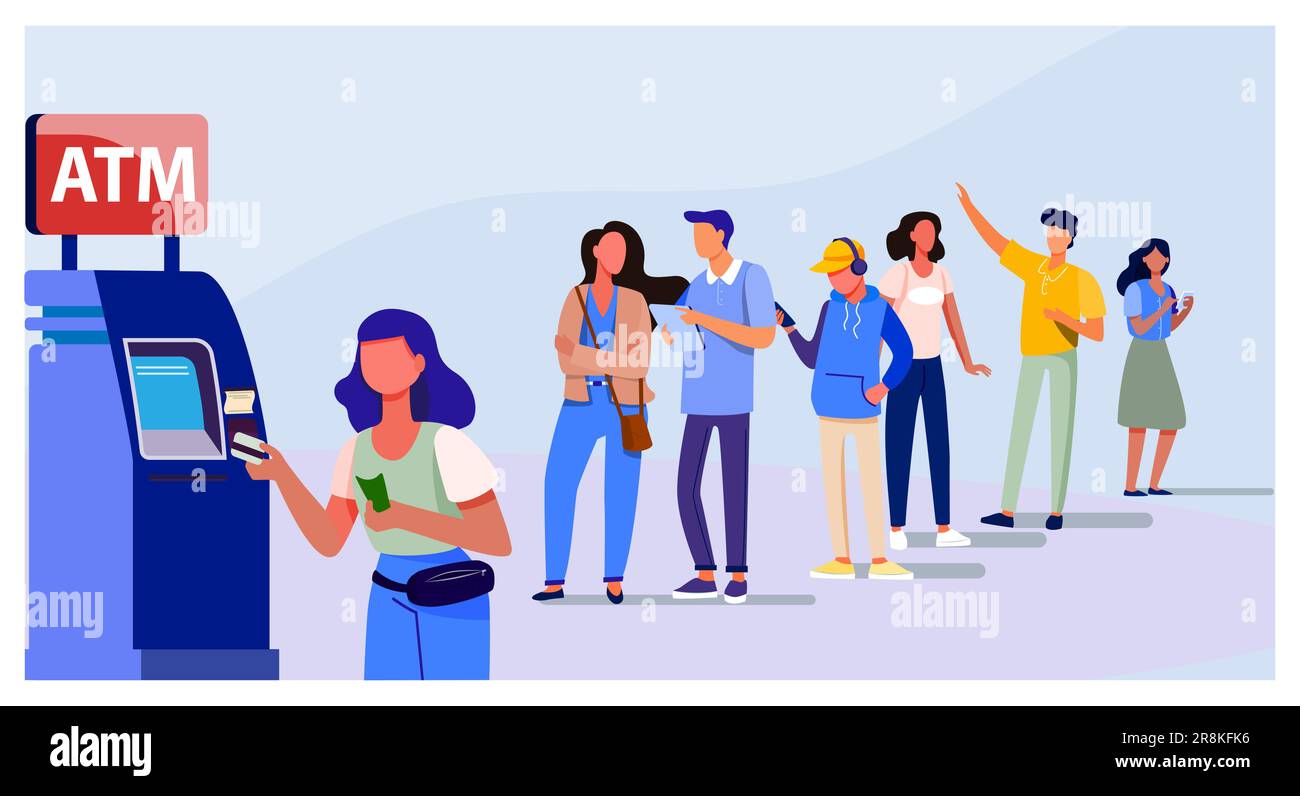 Queue of people standing for using ATM Stock Vector Image & Art - Alamy