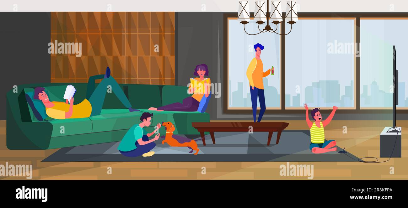 Family enjoying leisure in living room Stock Vector Image & Art - Alamy
