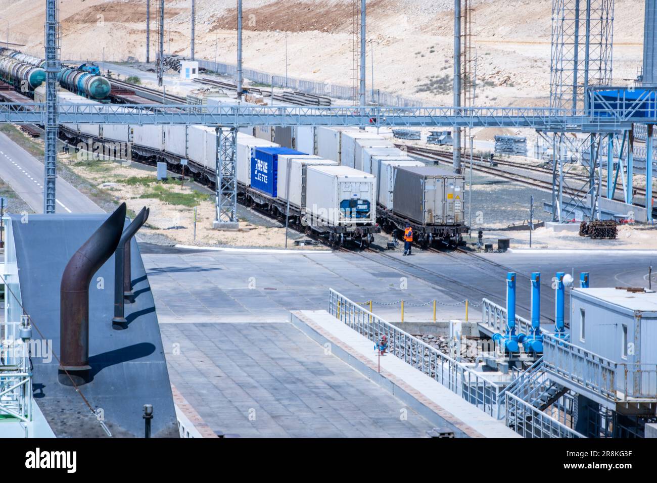 Kuryk, Kazakhstan. 21st June, 2023. Freight cars with containers are ...