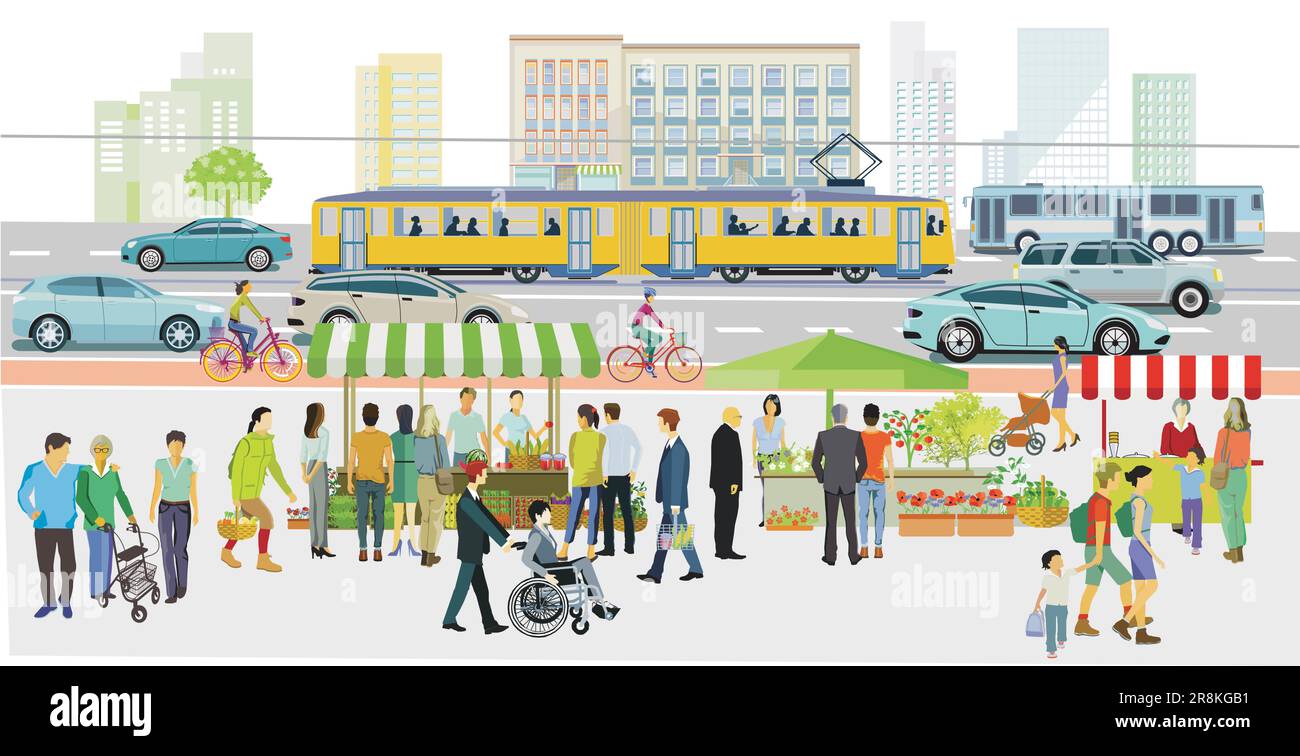 Shopping street with a weekly market, city life, illustration Stock ...