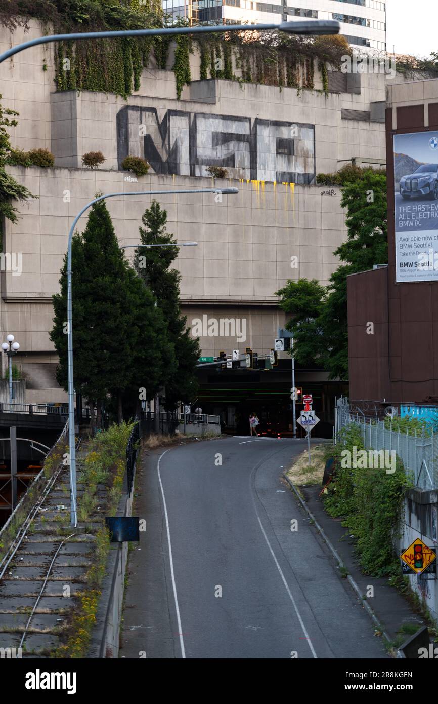 Seattle, USA. 21 Jun, 2023. Fresh graffiti on the Seattle Convention ...