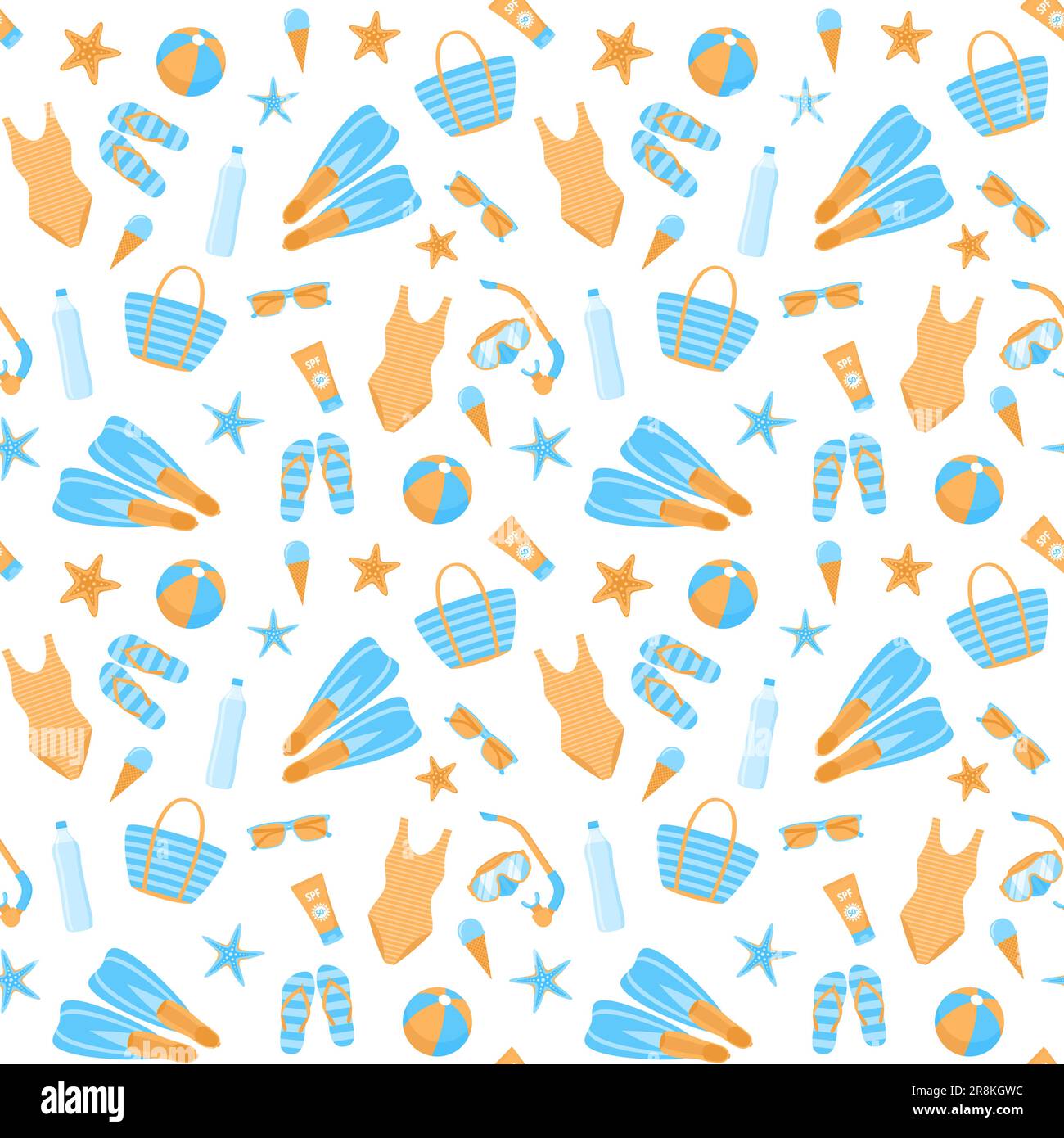 Seamless pattern with summer beach items in blue and orange colors on a ...