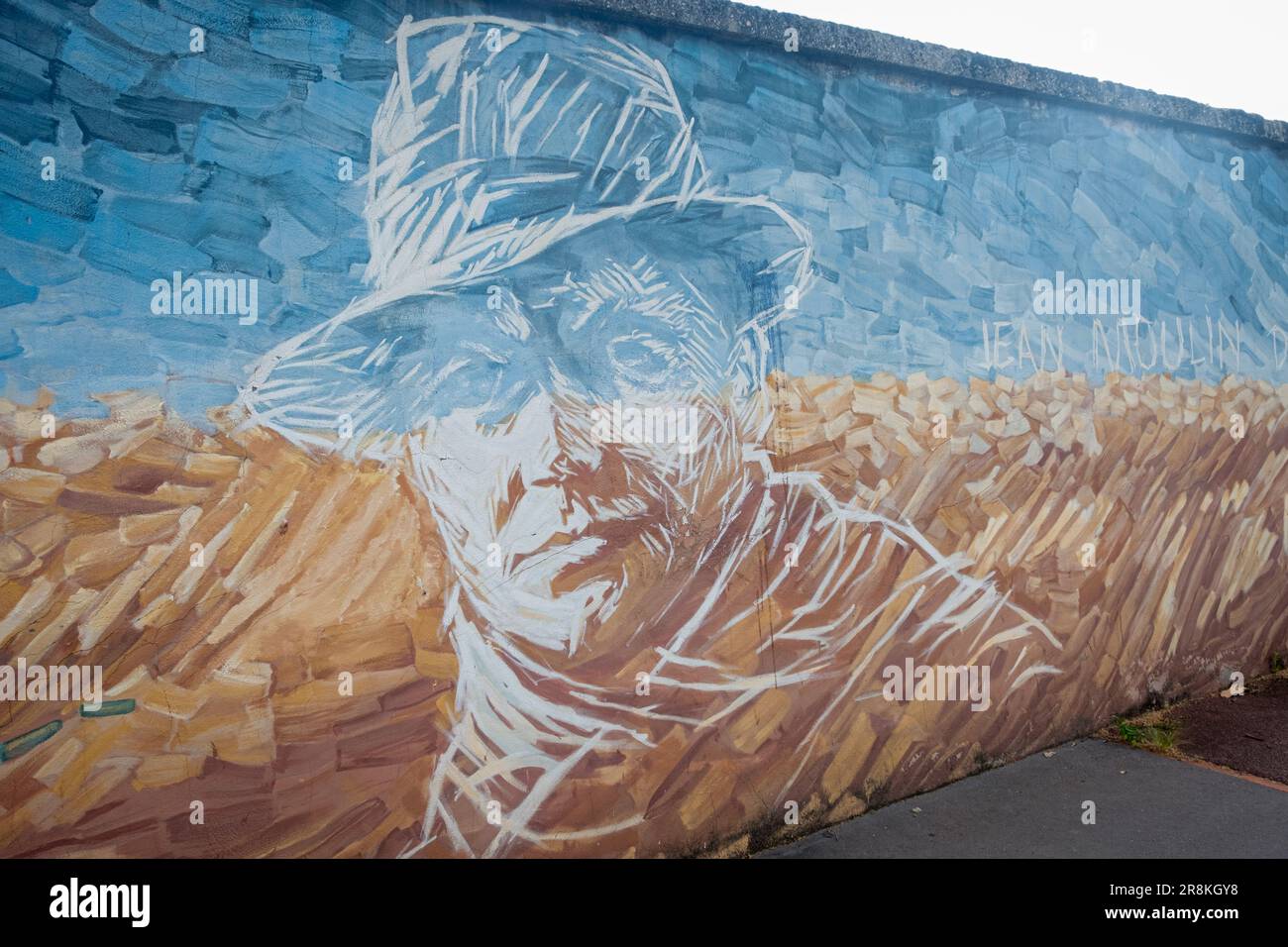 France, Lyon, 2023-06-21. Fresco of Jean Moulin on the wall of Montluc ...