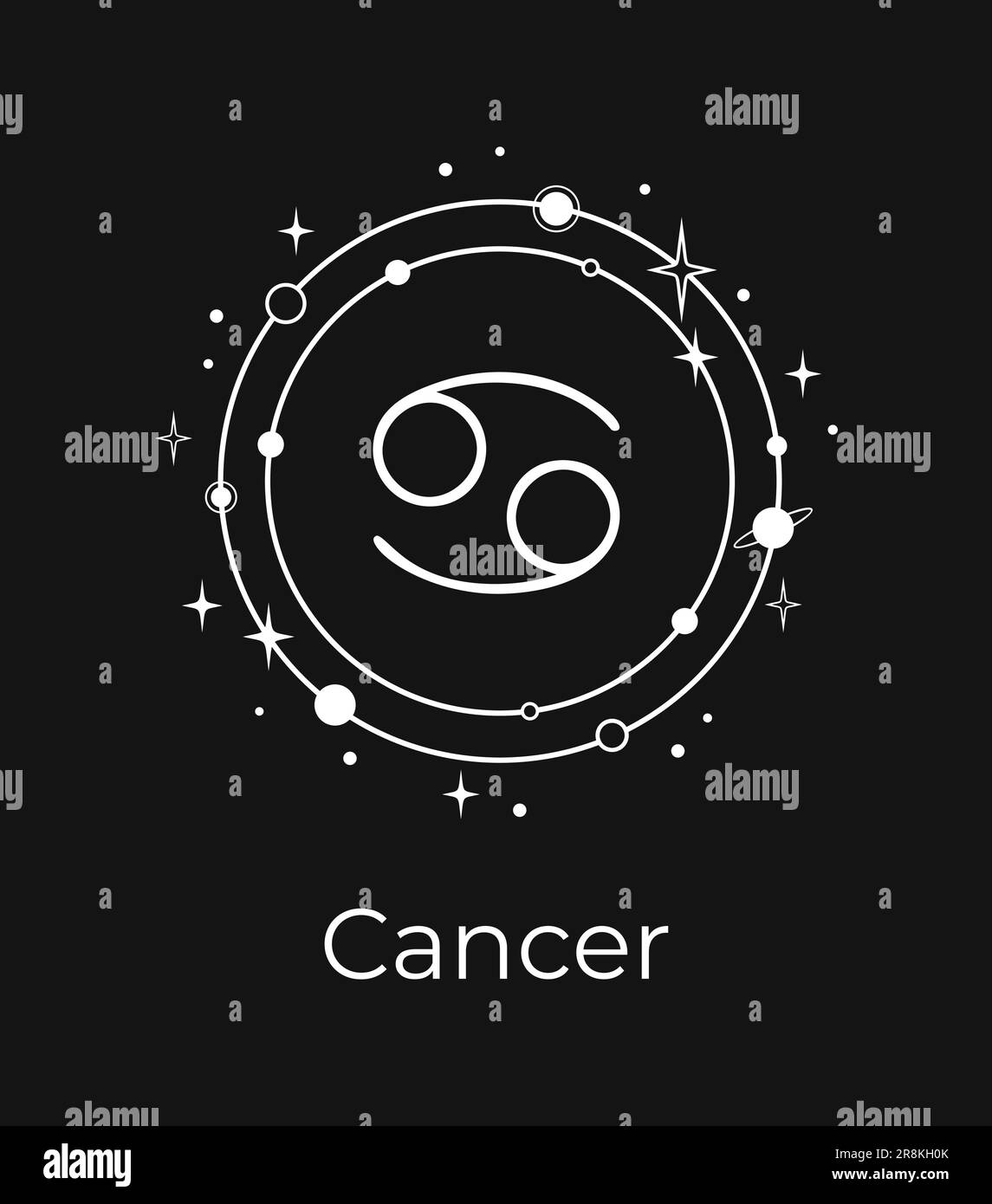 White Cancer sign with planets and stars on a black background Stock ...