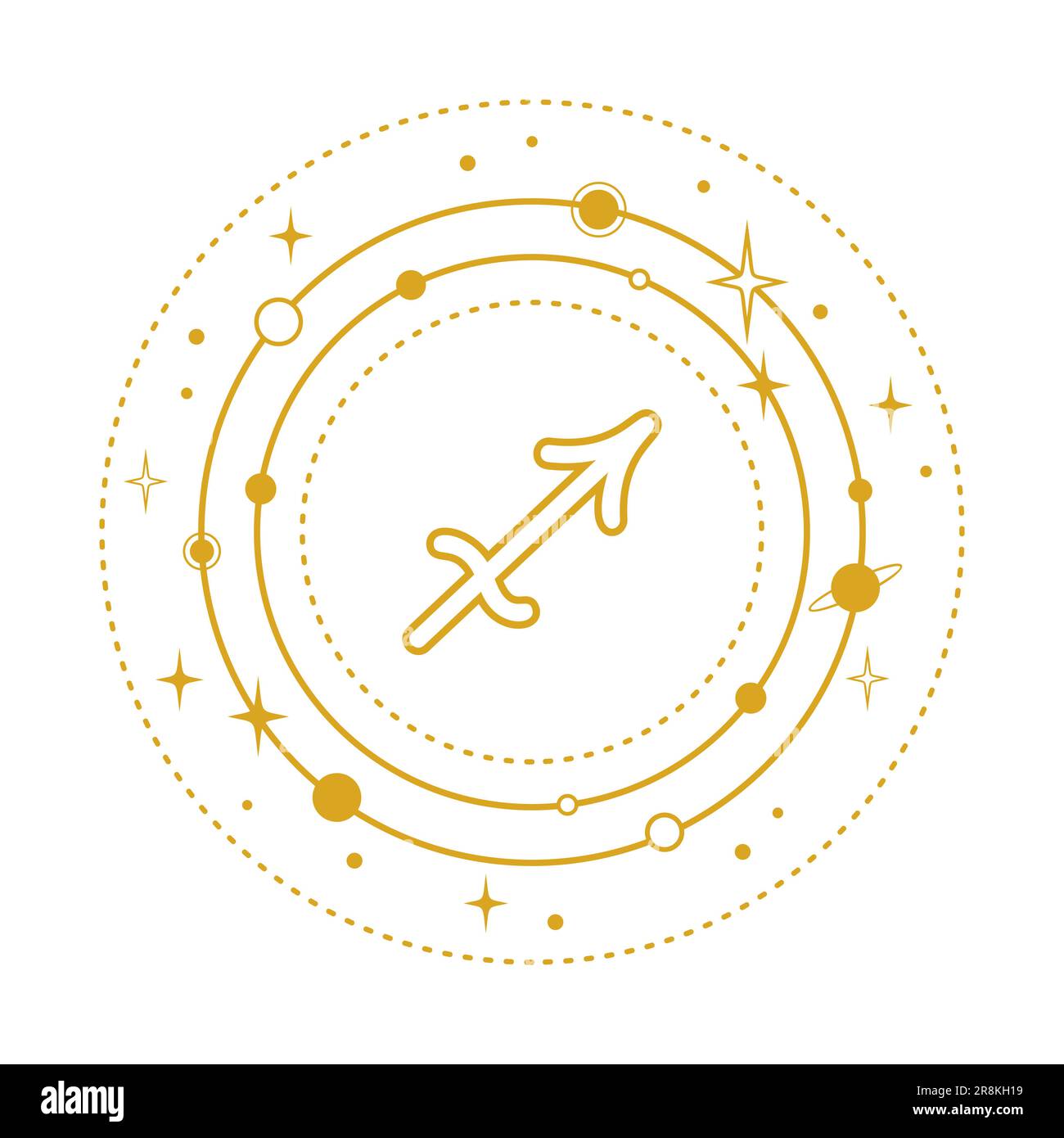 Golden Sagittarius sign stylized with planets and stars in orbits on a ...