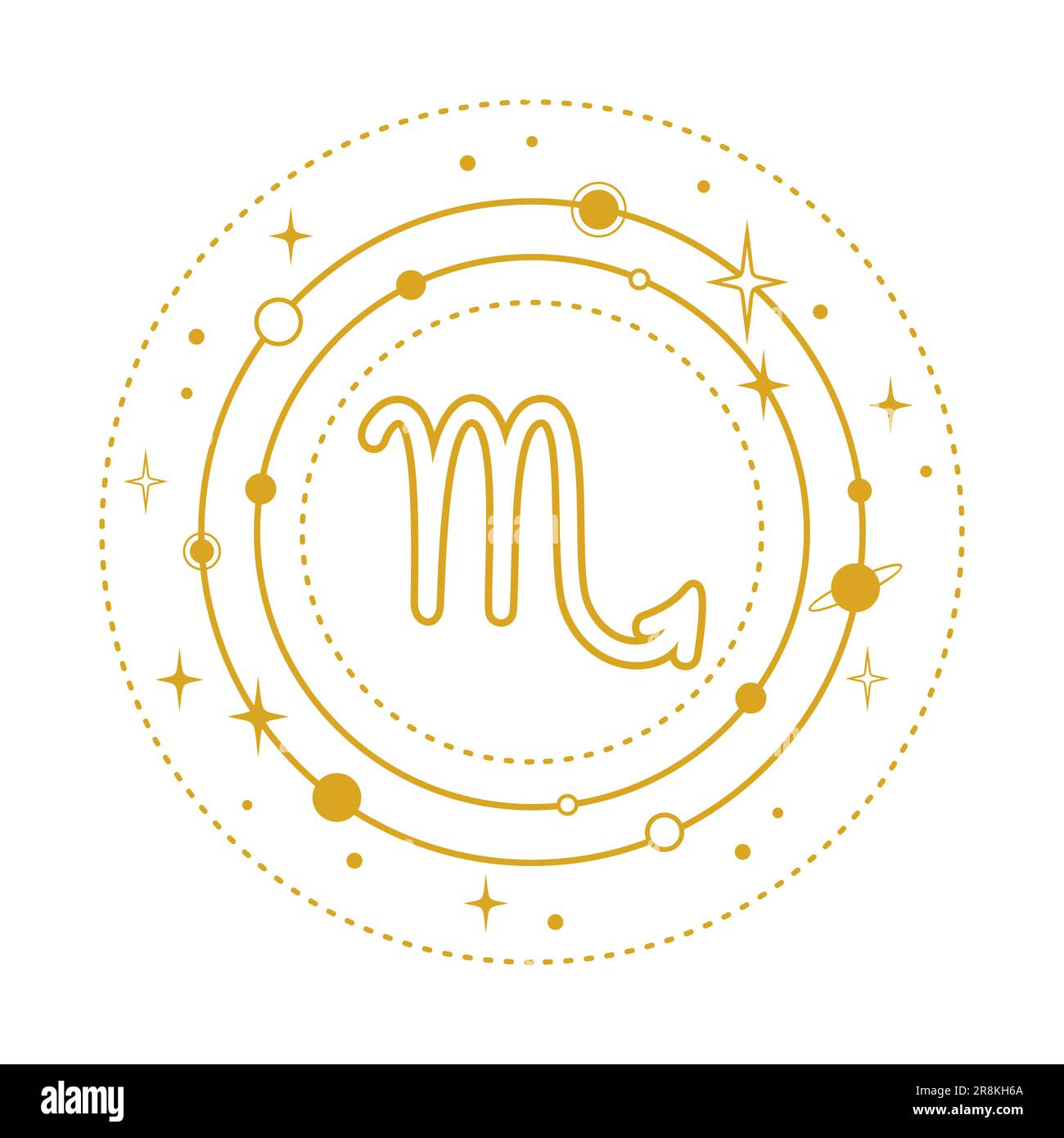 Golden Scorpio sign stylized with planets and stars in orbits on a ...
