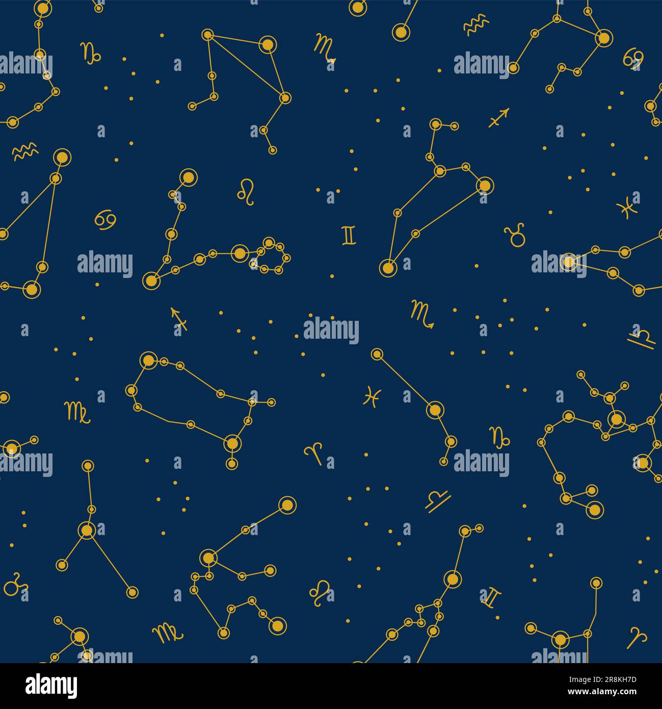 Seamless pattern with yellow zodiac constellations and signs on a dark blue background. Vector ...