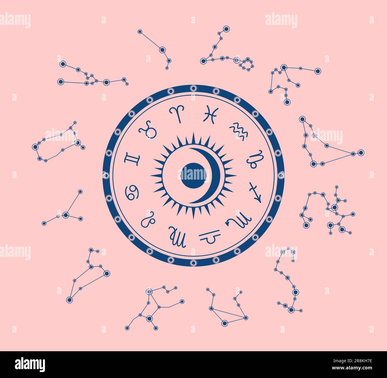 Zodiac circle with zodiac constellations around on pink background ...