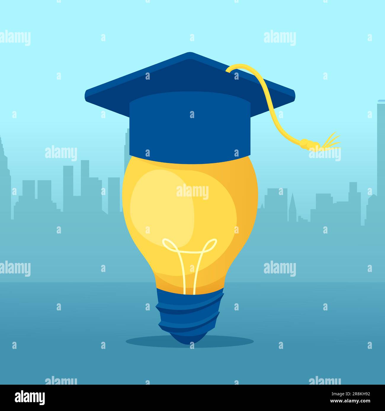 Vector of a bright light bulb with a graduation cap on top on cityscape background Stock Vector ...
