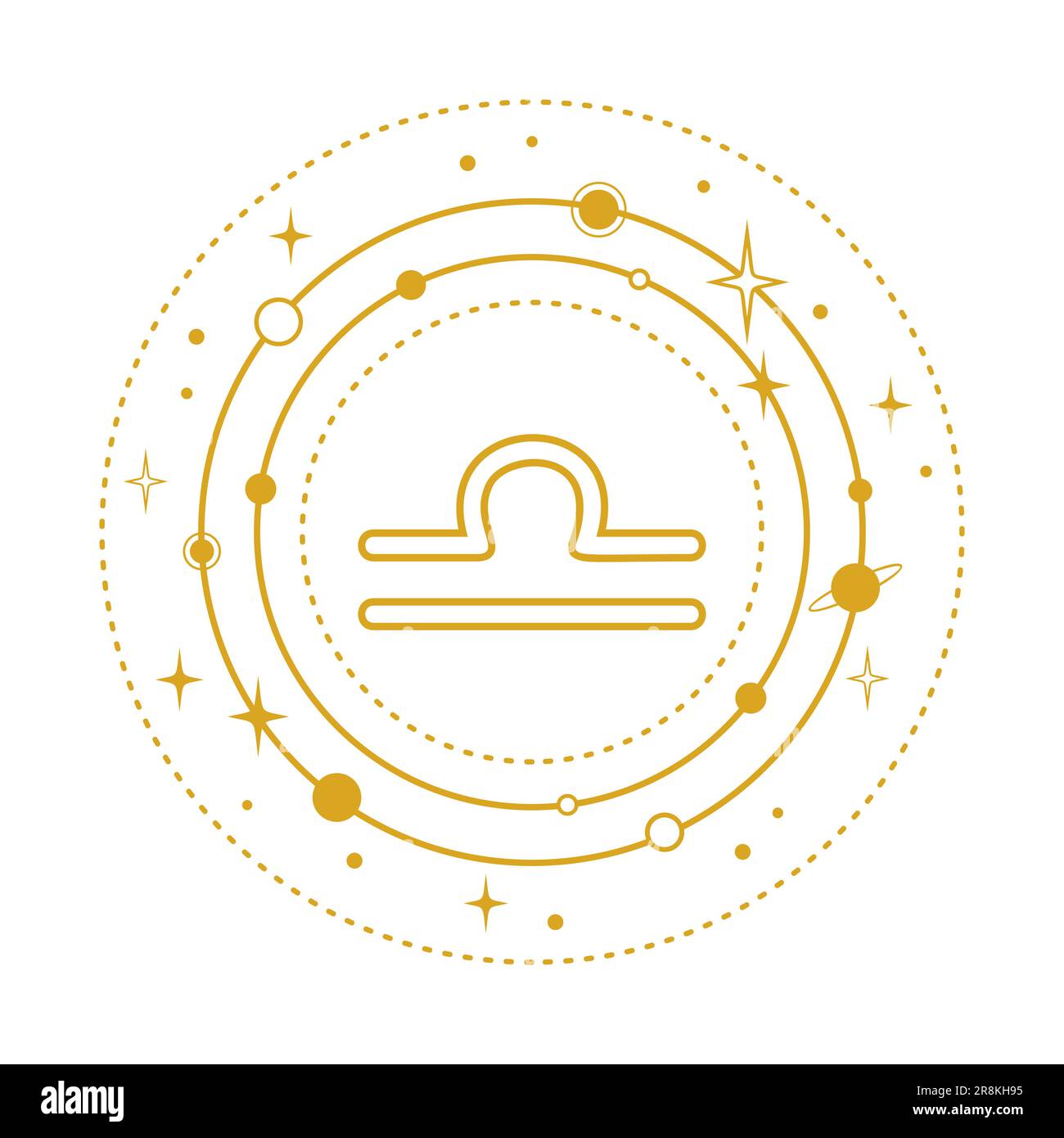 Golden Libra sign stylized with planets and stars in orbits on a white ...