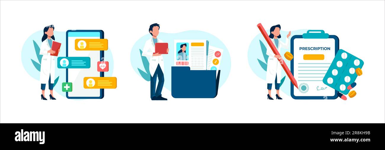 Vector of a doctor and nurse using online healthcare services to read ...