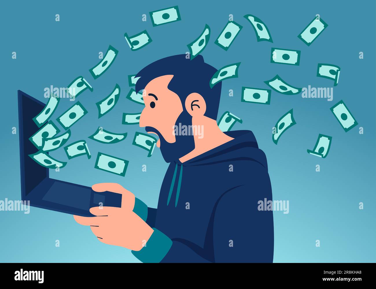 Vector of a young man holding laptop and winning a lot of money in ...