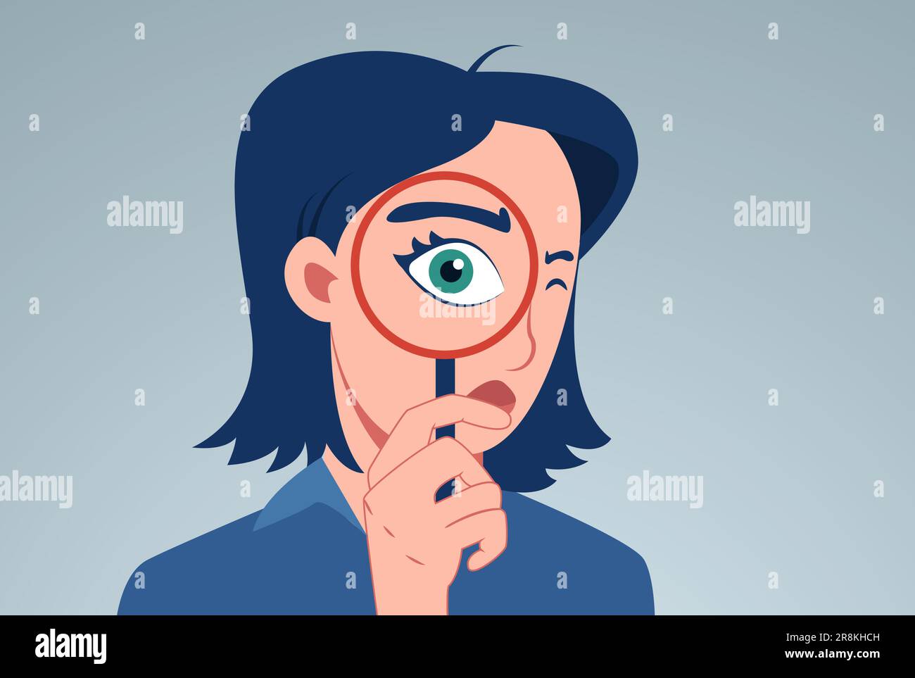 Vector of a curious young woman looking through a magnifying glass ...