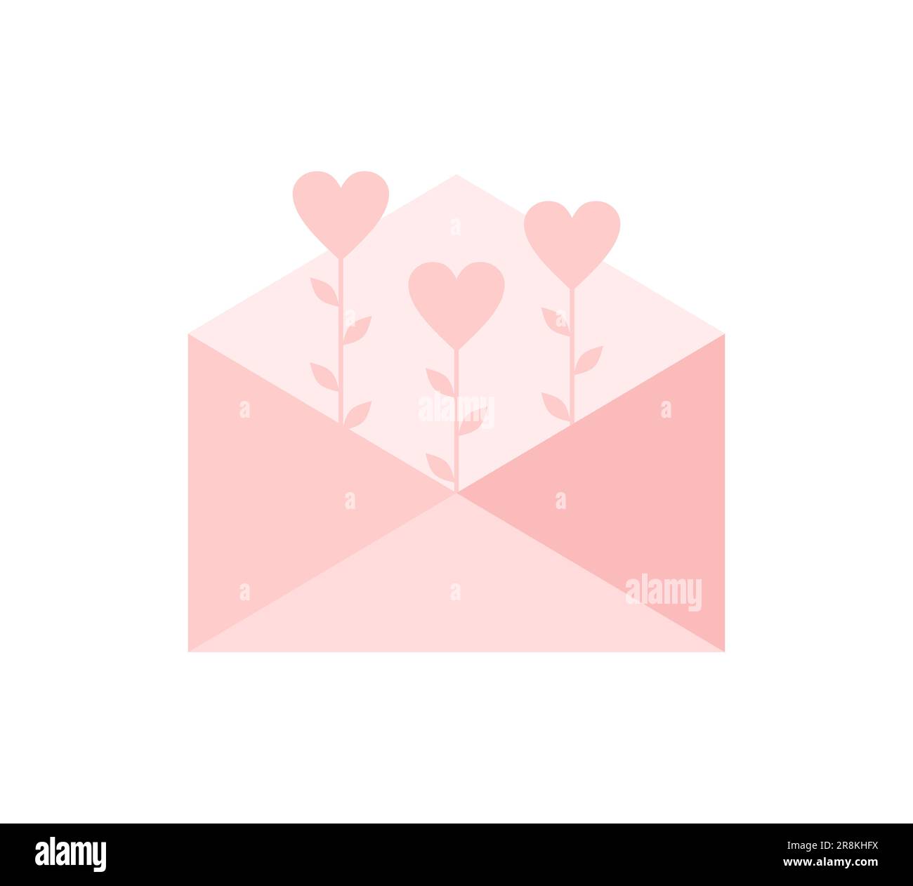 Pink envelope with hearts on stems inside on a white background. Happy ...