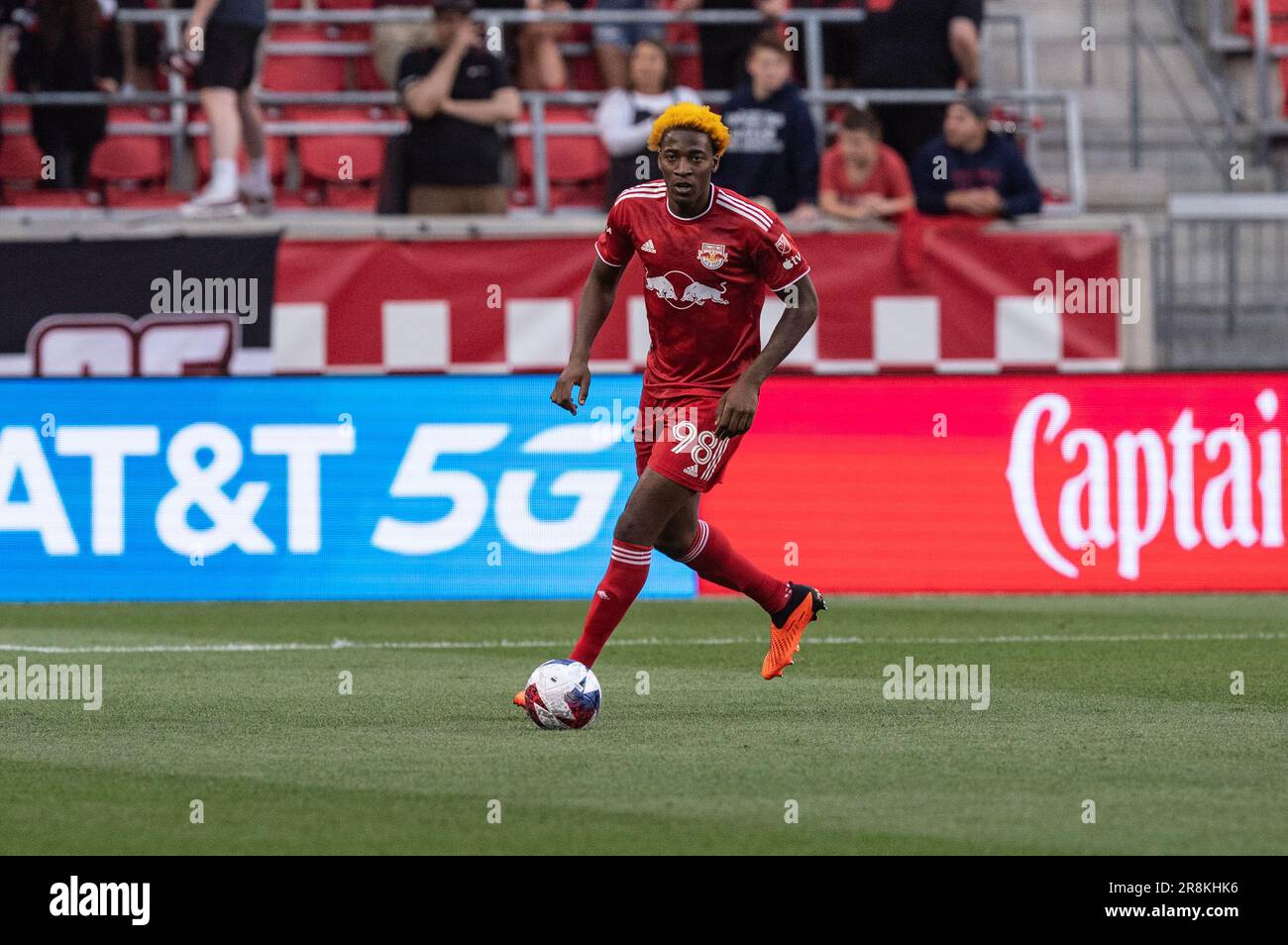 Hassan Ndam (98) of Red Bulls control ball during game against ...