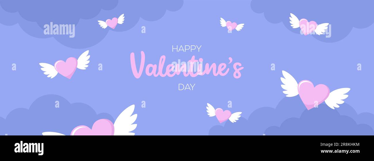 Valentine's day greeting banner. Pink flying hearts with wings ...