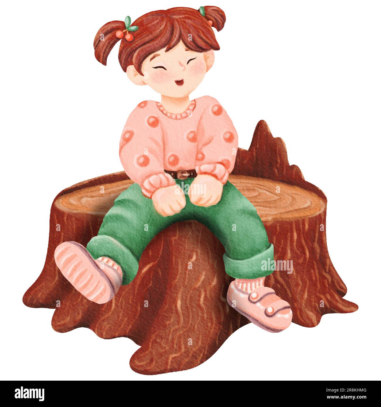 A pretty smiling girl in jeans is sitting on a stump. Isolated ...