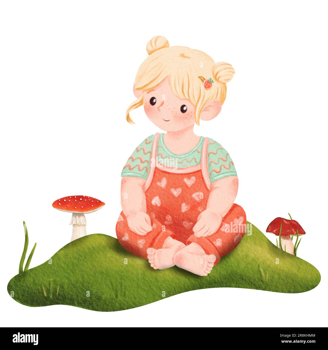 A little girl in a baby jumpsuit is sitting in the meadow, barefoot in ...