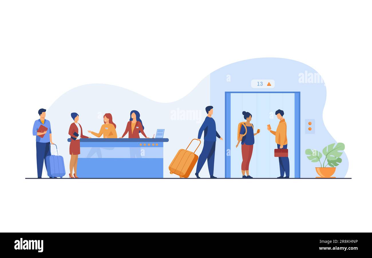 Tourists with luggage waiting at hotel reception desk Stock Vector ...