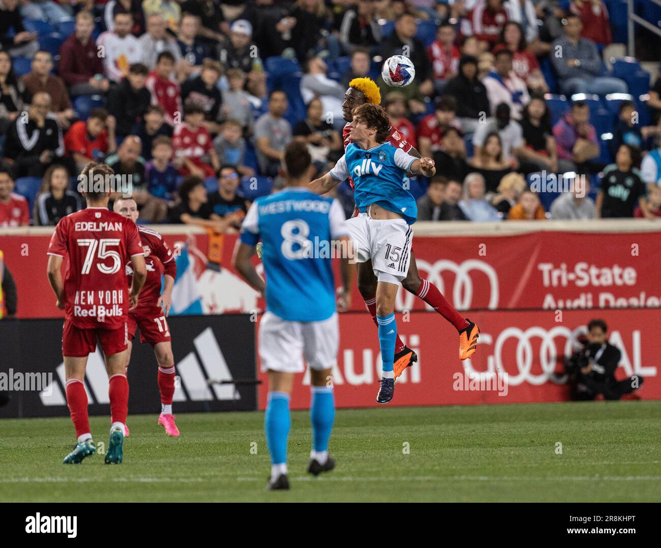 Hassan Ndam (98) of Red Bulls and Benjamin Bender (15) fight for ball ...
