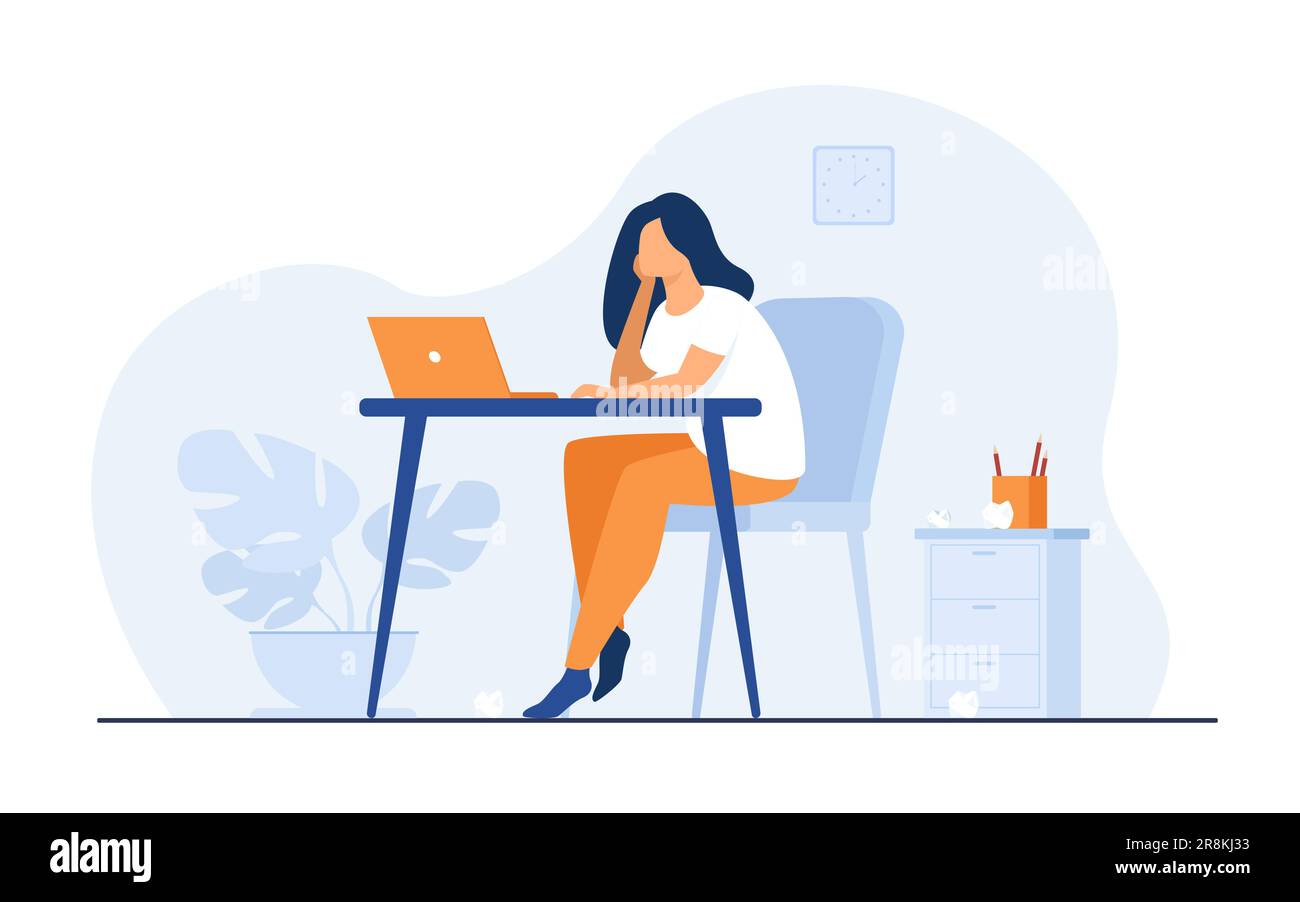Cartoon exhausted woman sitting and table and working Stock Vector ...