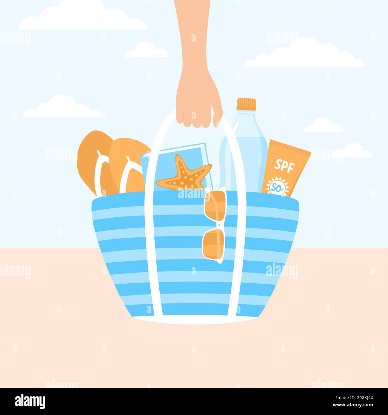 Hand holding beach bag with flip flops, book, sunscreen lotion, water ...