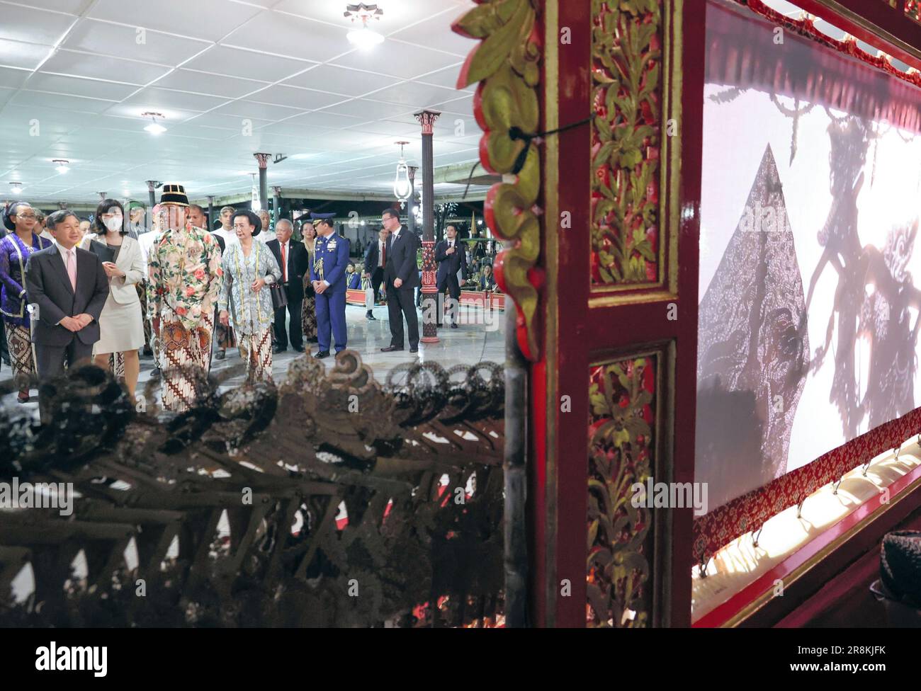 Japanese Emperor Naruhito (front, L) receives an explanation about ...